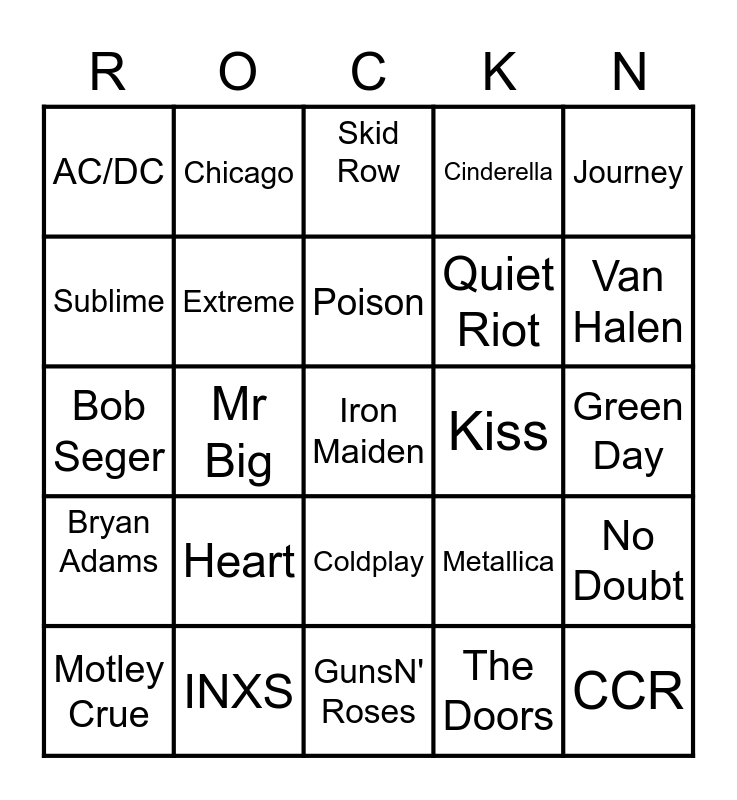 Rock Band Bingo Card