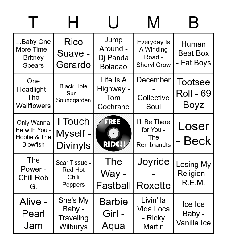 Living In The 90's Bingo Card