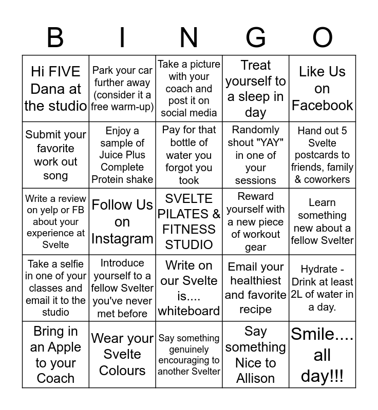 SVELTE STUDIO Pilates & Fitness Bingo Card