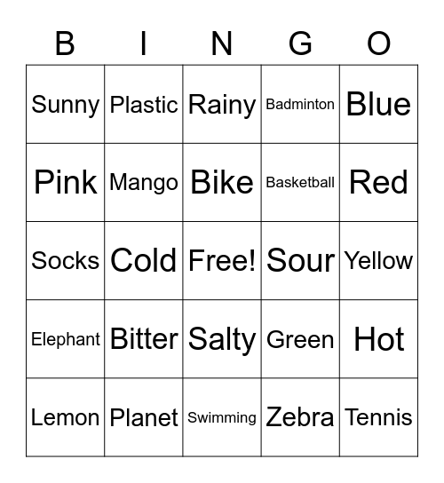 English Bingo Card