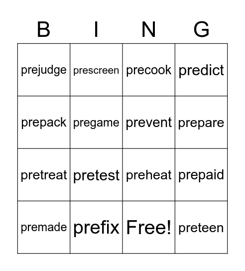 Prefix Pre BINGO Card