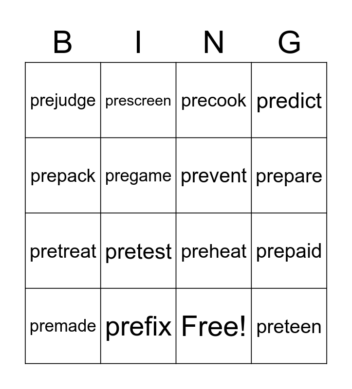 Prefix Pre BINGO Card