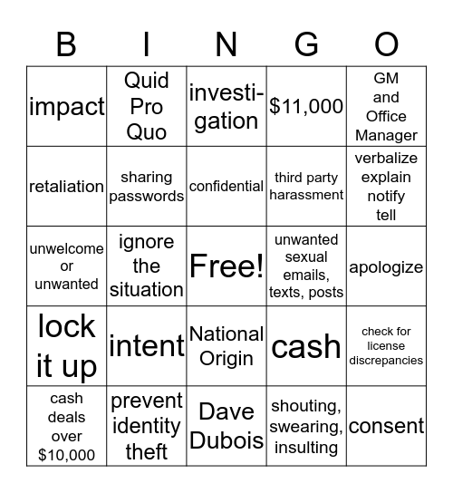 Compliance Bingo Card