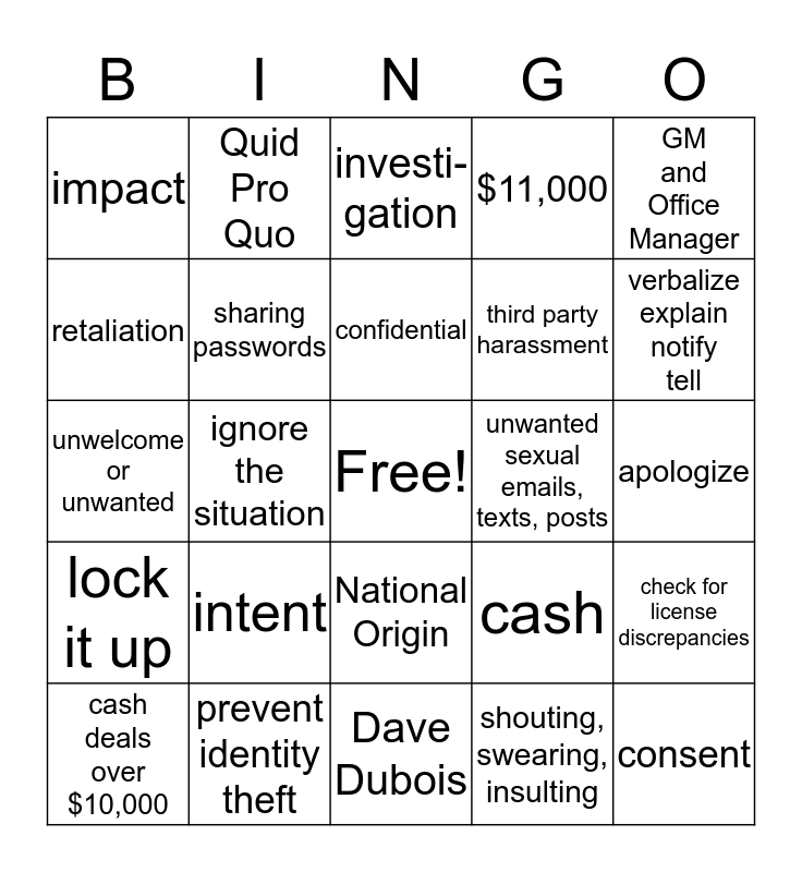 Compliance Bingo Card