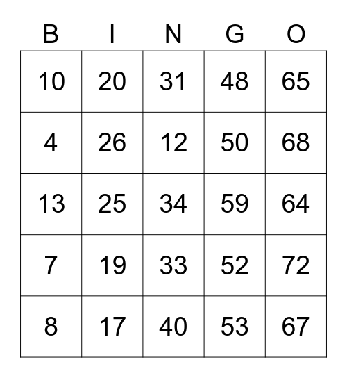 Number Bingo 1-75 Bingo Card