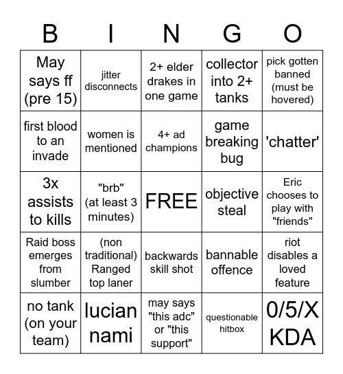 League BINGO Card
