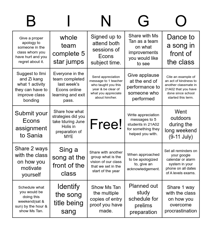 21A02 Class Bonding Bingo Card