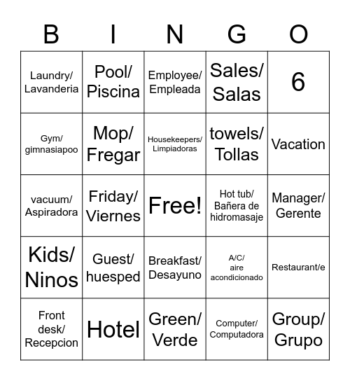 Hotel Bingo Card