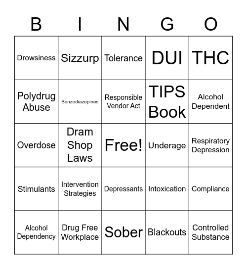Alcohol & Controlled Substances Bingo Card