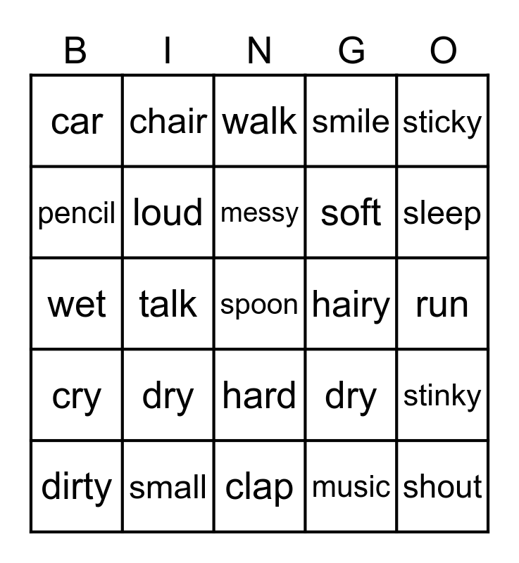 Noun, Verbs, and Adjectives Bingo Card