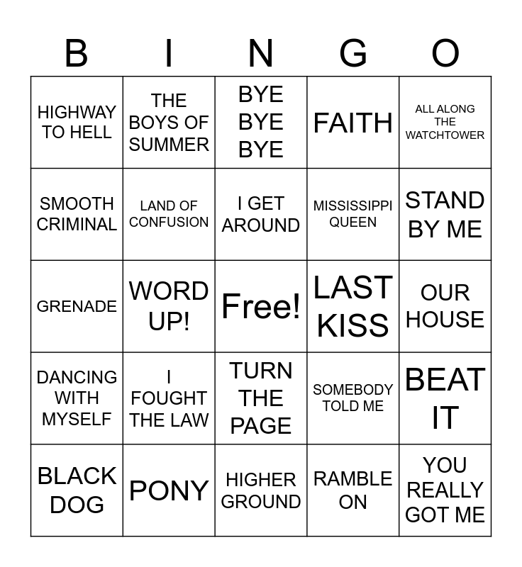 ROCK COVERS Bingo Card