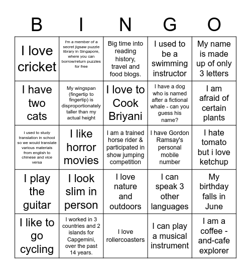 People Bingo - Getting To Know Each Other Bingo Card