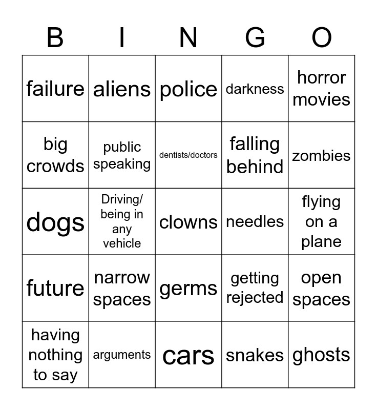 Fears Bingo Card