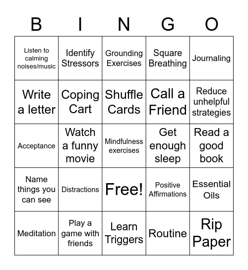 Anxiety Coping Strategies Bingo Card
