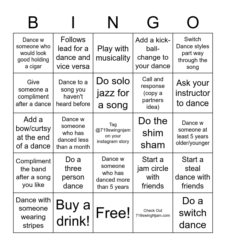 Dance Bingo Card
