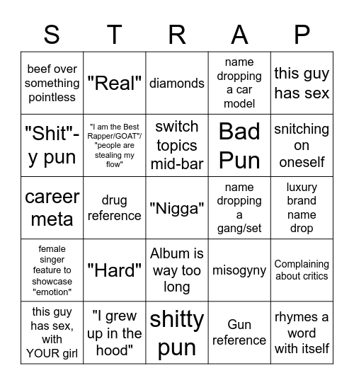 Rap music Drinking Game (Deadly) Bingo Card