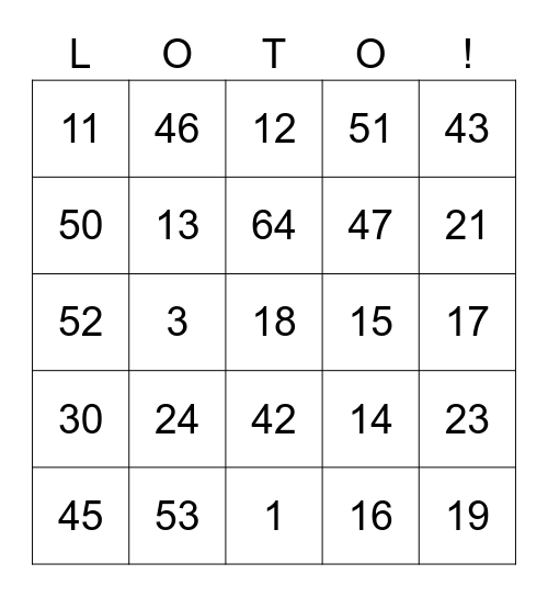 Les nombres (0 à 69) Bingo Card