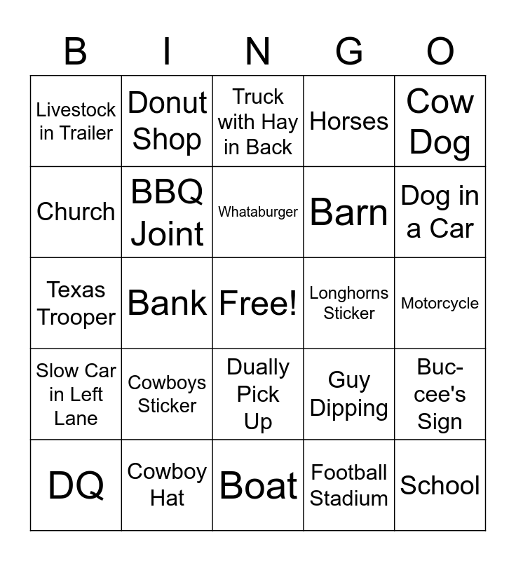 Texas Bingo Card