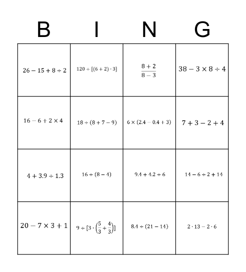 Order of Operations Bingo Card