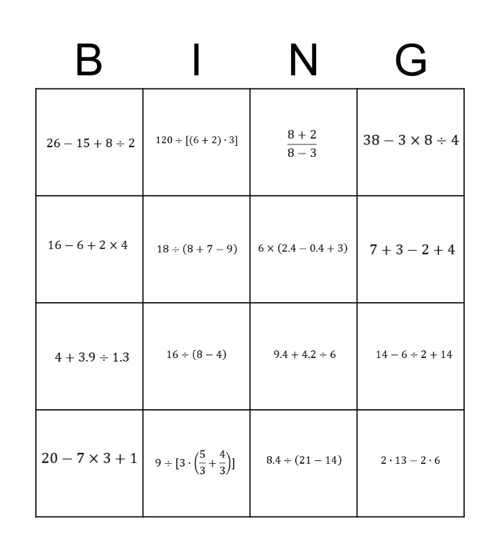 Order of Operations Bingo Card