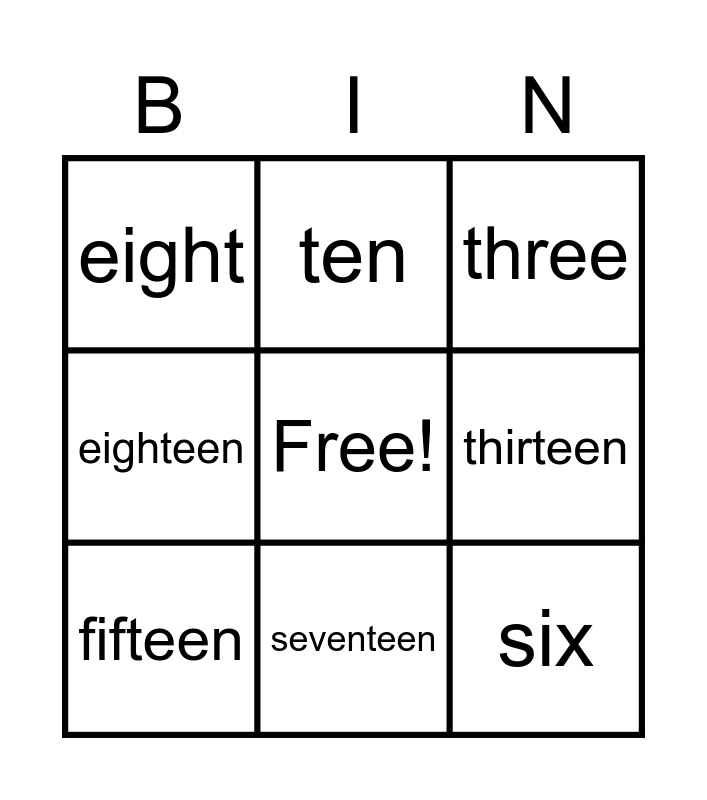 Number Words Bingo Card