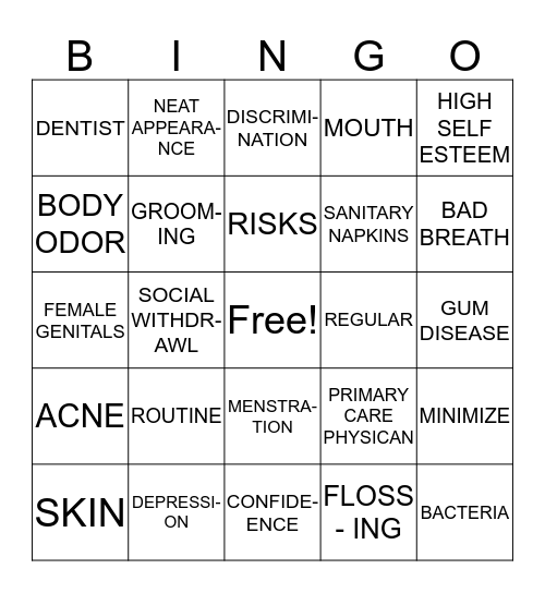 PERSONAL HYGIENE Bingo Card