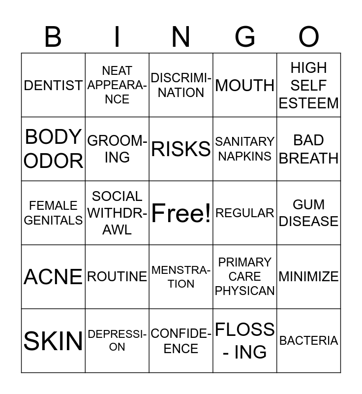 PERSONAL HYGIENE Bingo Card