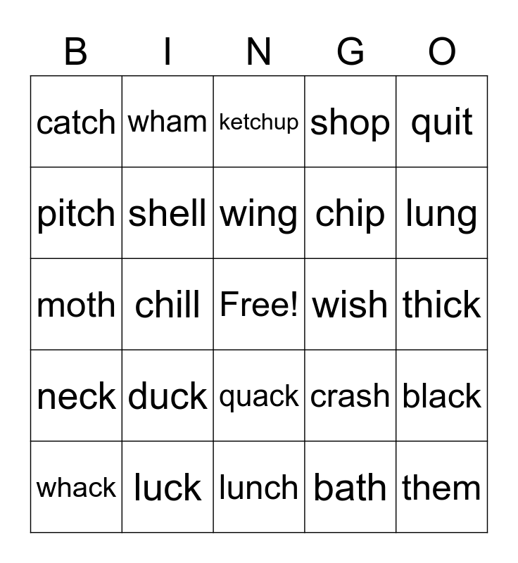 ch, tch, sh, th, wh, qu, ng, ck Bingo Card