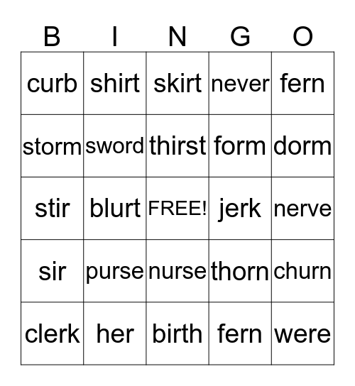 R controlled vowels ( -ur, -er, -ir, -or) Bingo Card