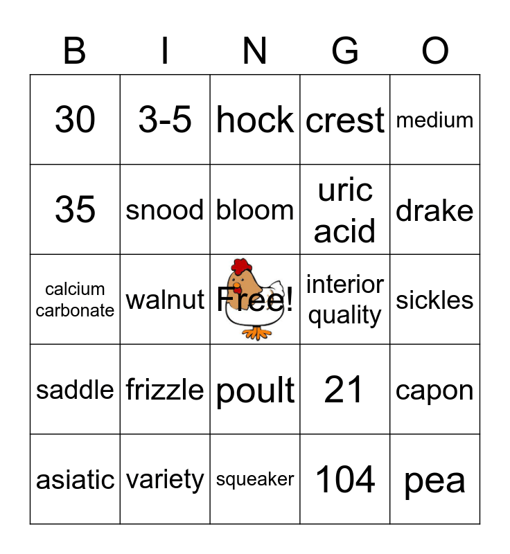 Poultry Bingo - Knowledge Bowl- Int./Sr Bingo Card