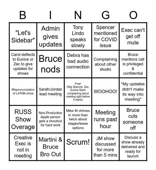 Production/Programming Meeting Bingo Card