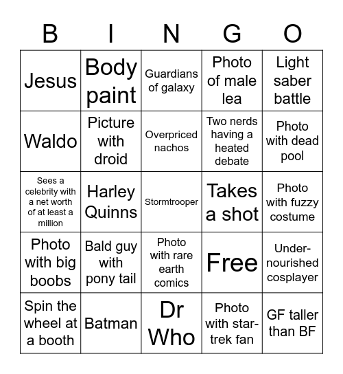 Comic Con Bingo Card