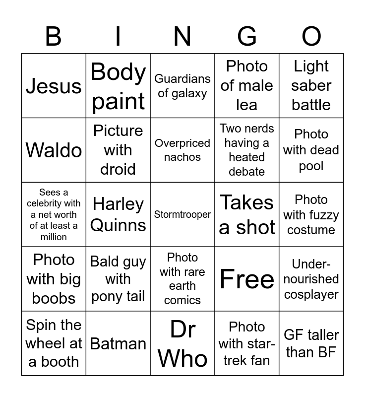 Comic Con Bingo Card