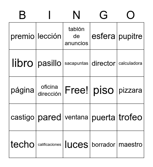 Vocabulario Escolar Bingo Card