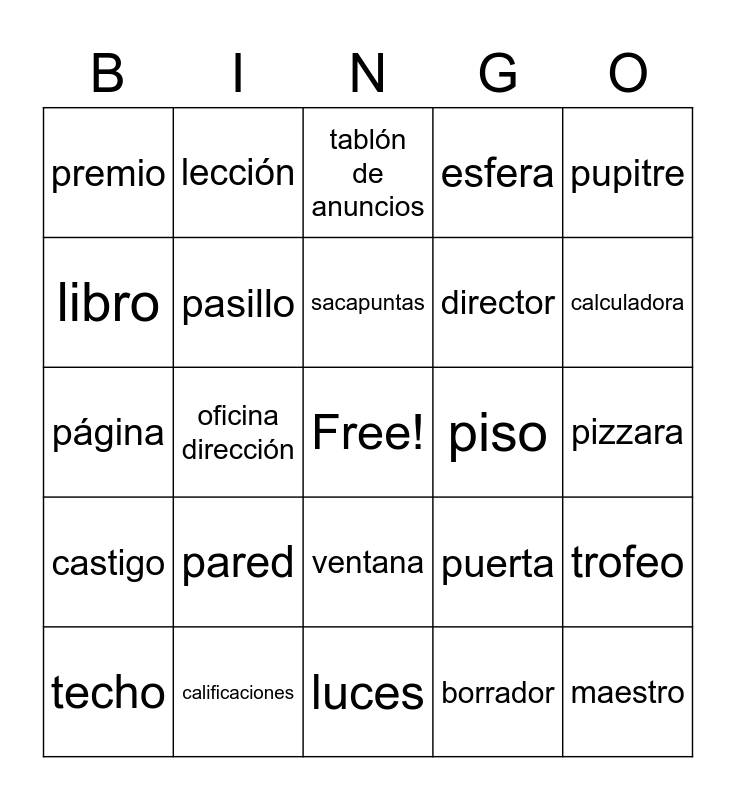 Vocabulario Escolar Bingo Card
