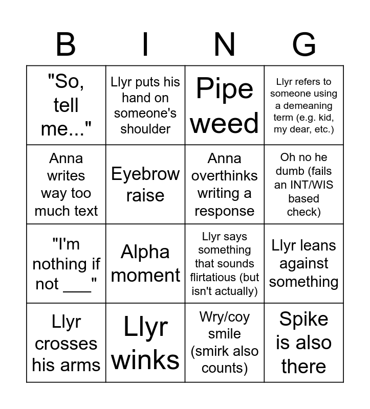 Anna roleplaying Llyr BINGO (except I could only think of 16 things) Bingo Card