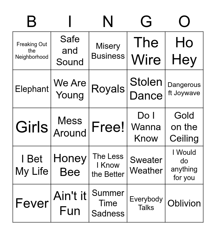 Tumblr Era of Alternative Hits Bingo Card