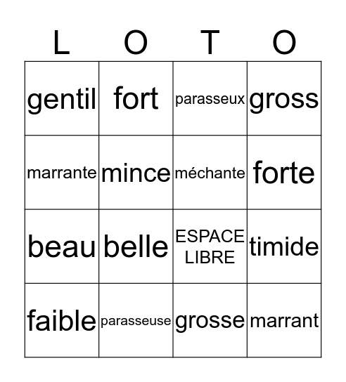FRANÇAIS LOTO Bingo Card
