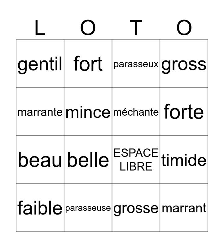 FRANÇAIS LOTO Bingo Card