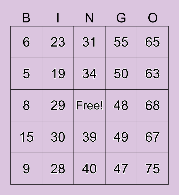 Number Bingo 1-50 Bingo Card