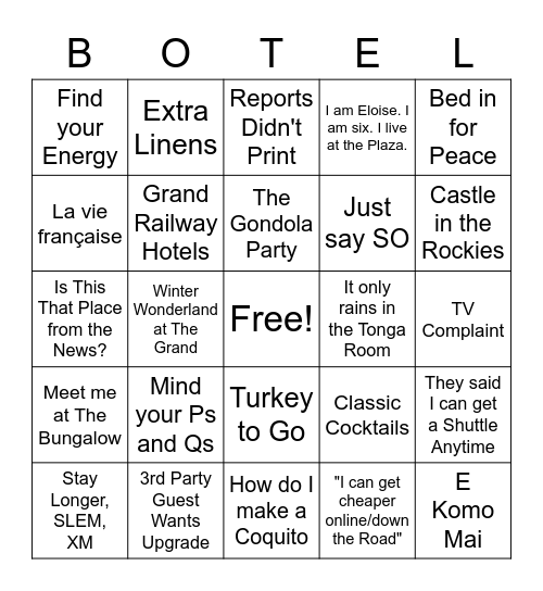 Hotel Bingo Card