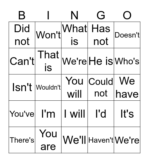 Contraction Bingo Card