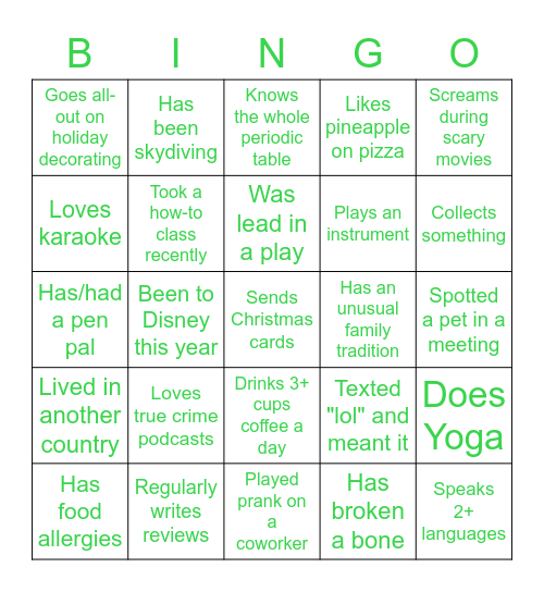 Icebreaker Bingo Card