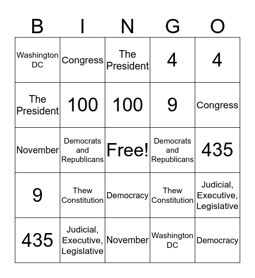 US NATIONAL GOVERNMENT Bingo Card