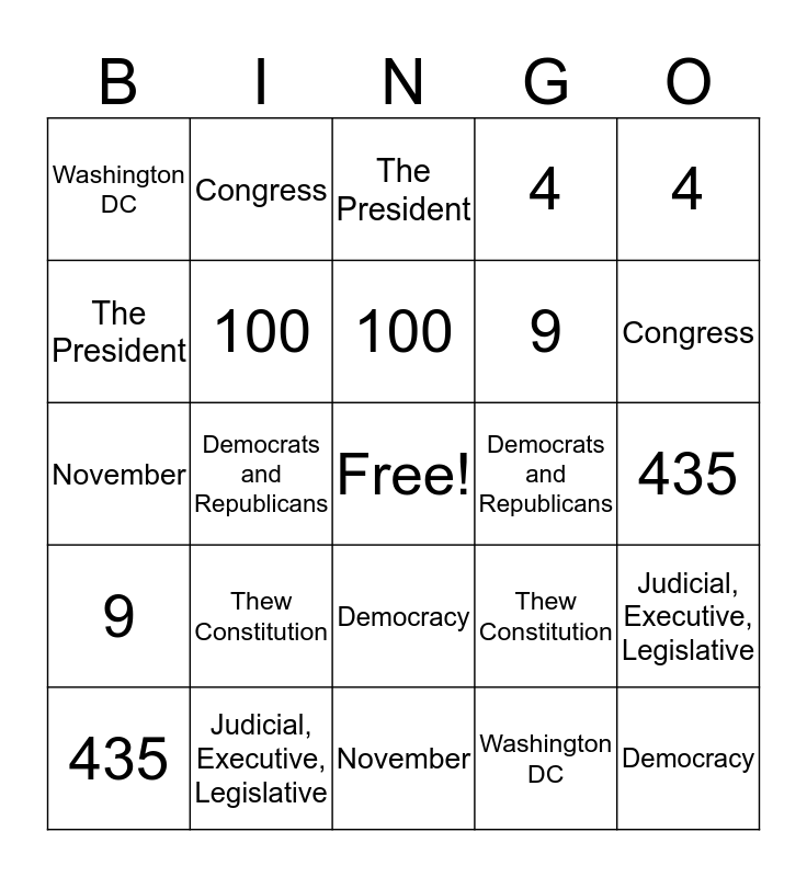 US NATIONAL GOVERNMENT Bingo Card
