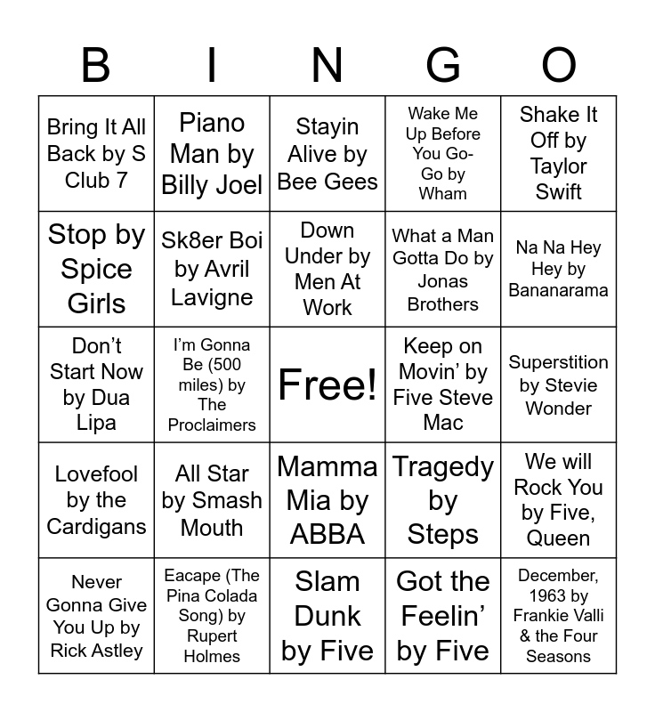 Music Bingo 80s, 90s, 00s Bingo Card
