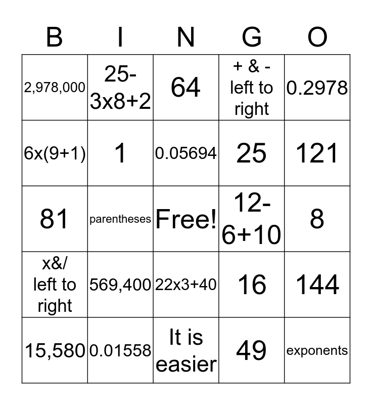 Order of Operations & Scientific Notation Bingo Card