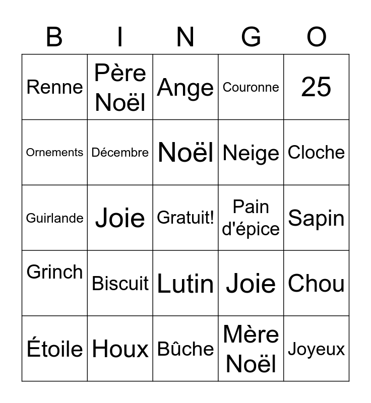 Joyeux Noël Bingo Card
