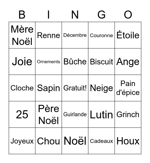 Joyeux Noël Bingo Card