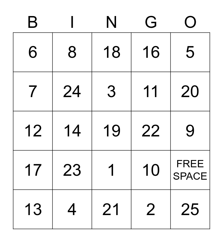 Numbers 1 to 25 Bingo Card